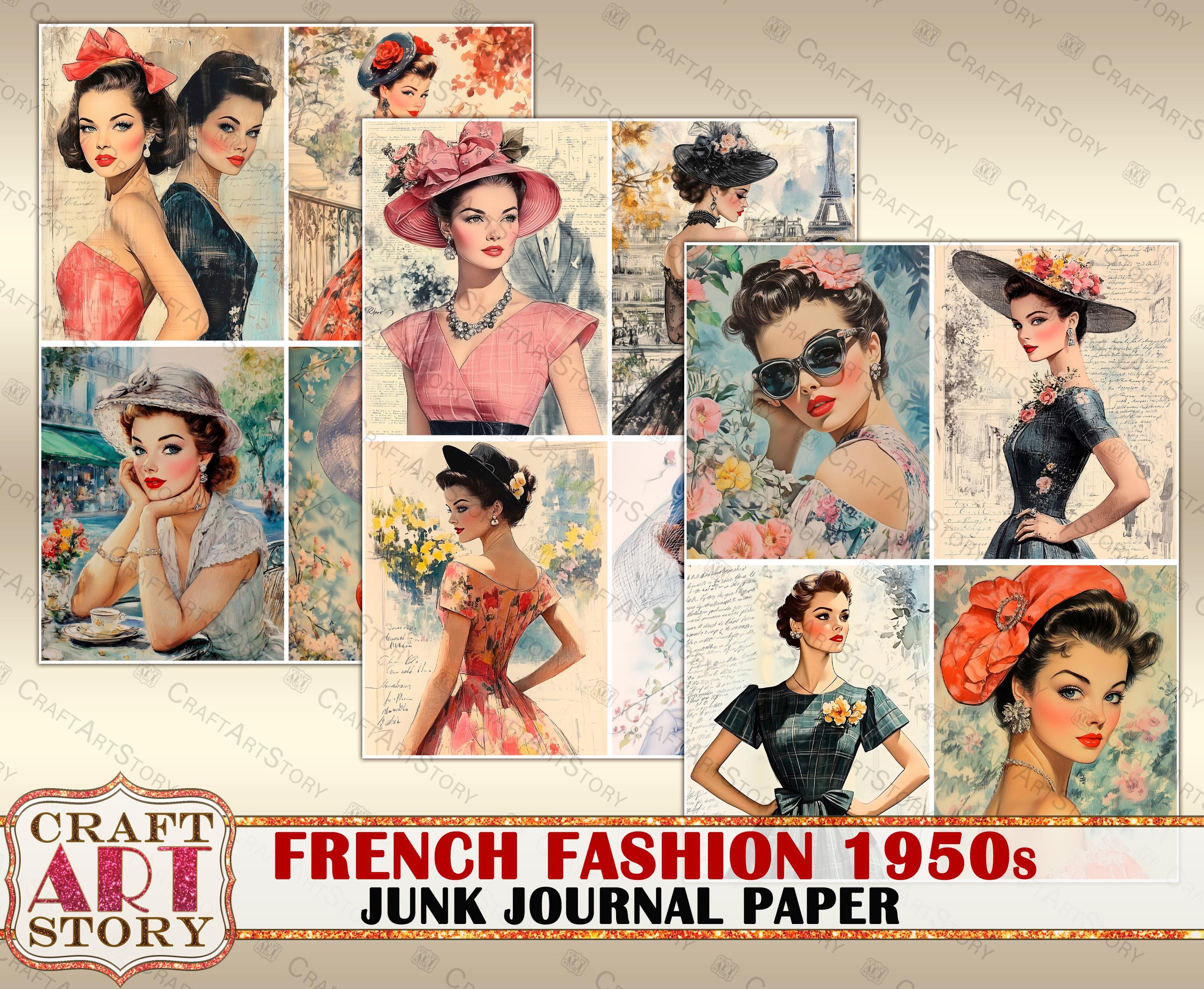 French Fashion 1950s Junk Journal Paper, Printables Digital Scrapbook ...