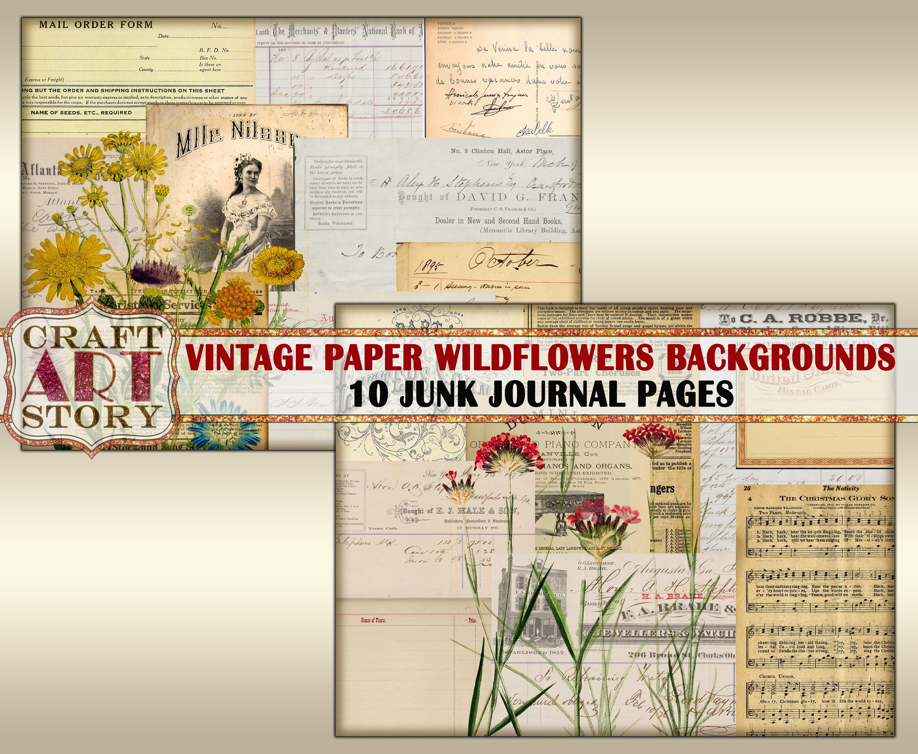 Vintage Old Paper Wildflowers Backgrounds Kit,decorative Junk Journal ...