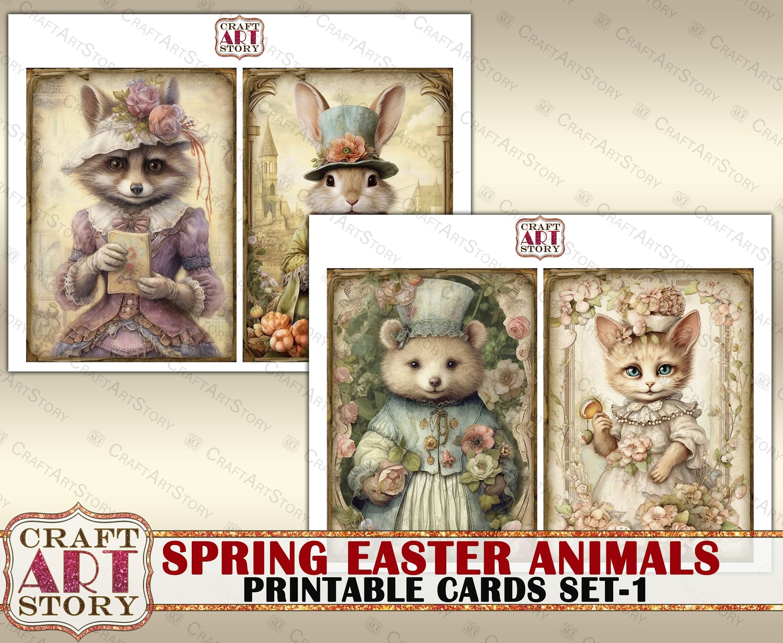 Vintage Spring Easter Printable Cards Set-1, Printables Digital Papers ...