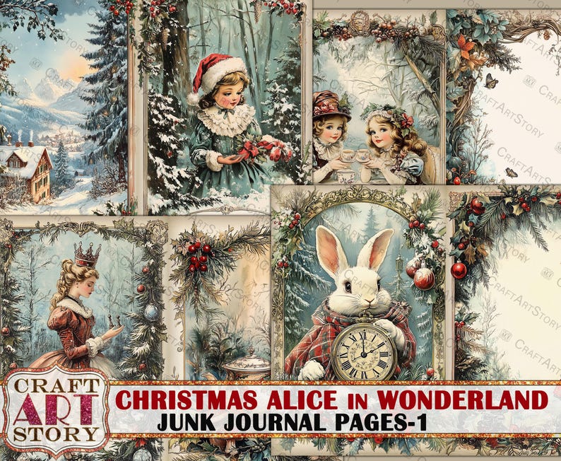 Christmas Alice Wonderland Junk Journal Pages,scrapbook Printables ...