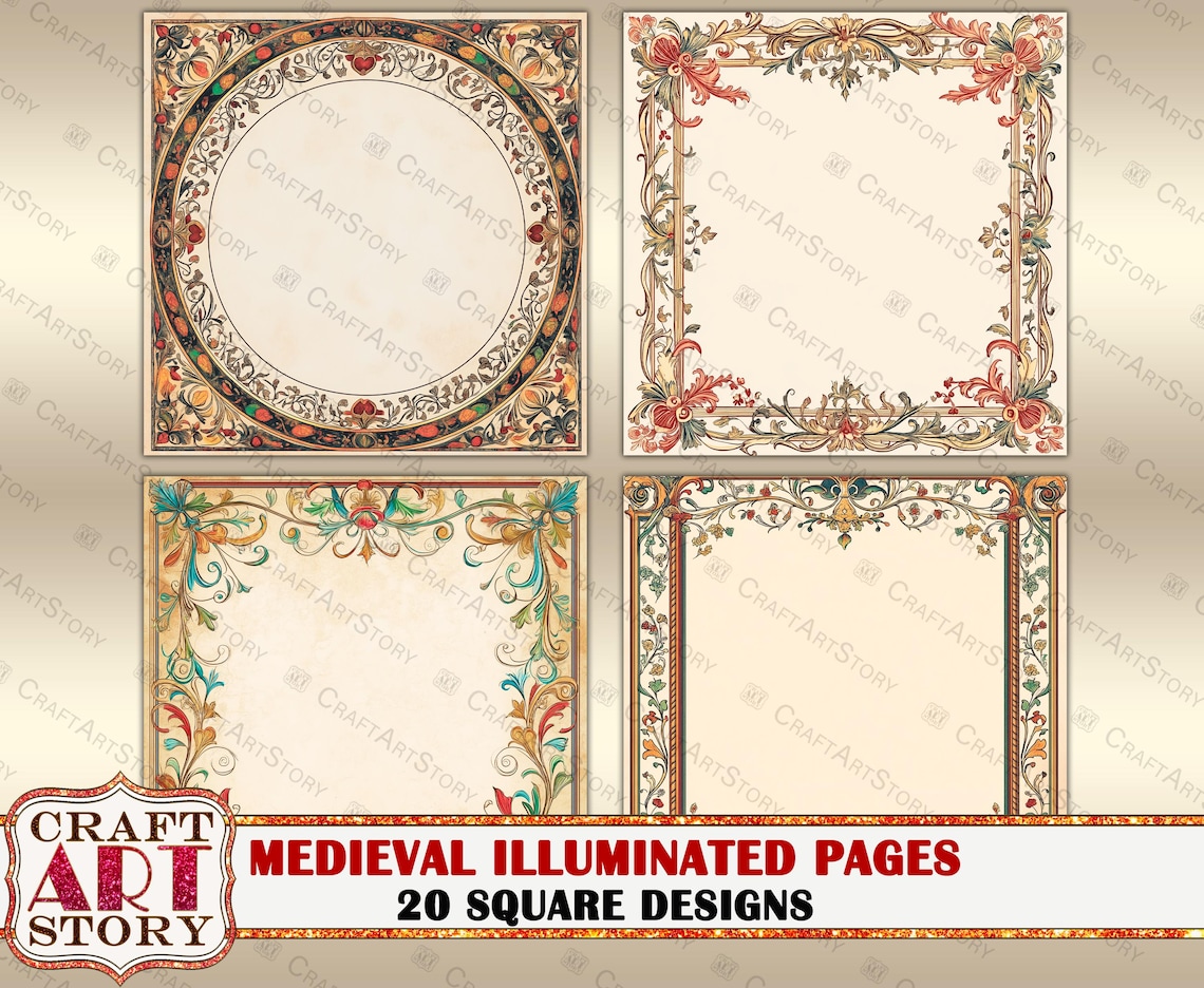 Medieval Illuminated Manuscript 20 Square Designs: Floral Border Pages ...