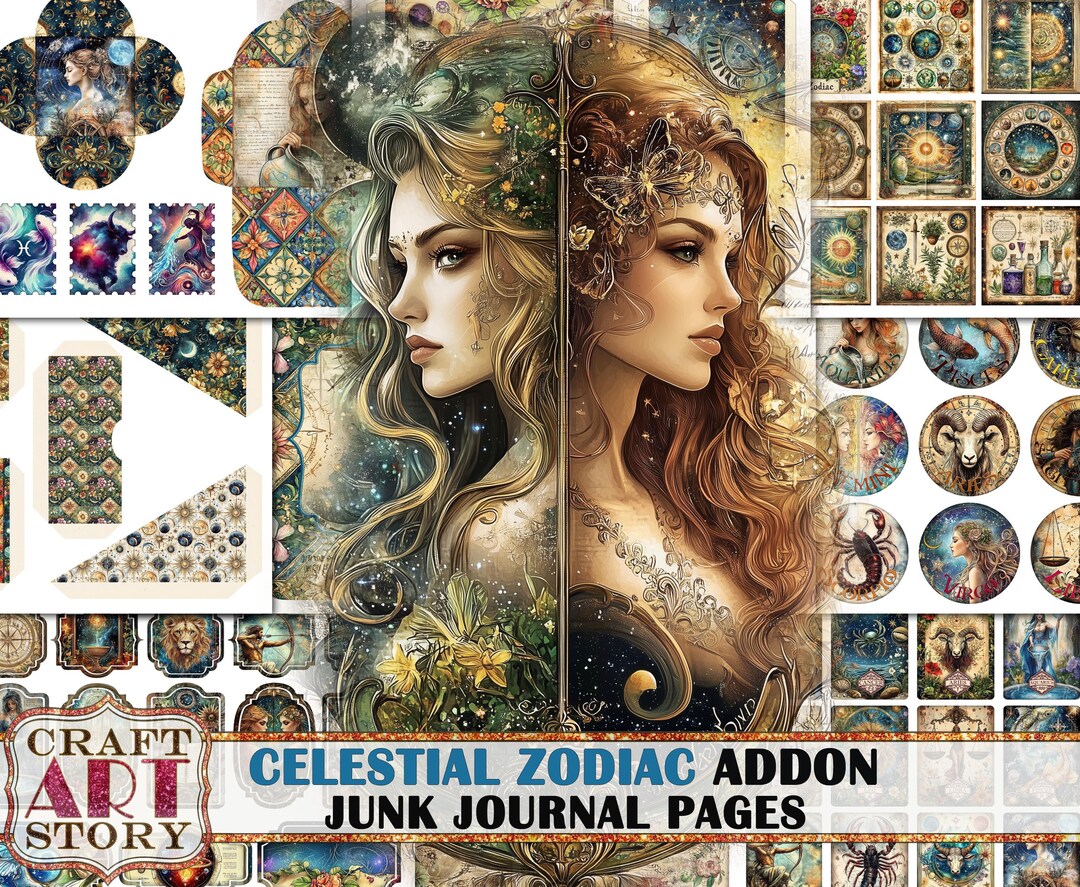 Celestial Zodiac Junk Journal Pages Addon,astrology Fantasy Printables Digital Celestial Papers ...