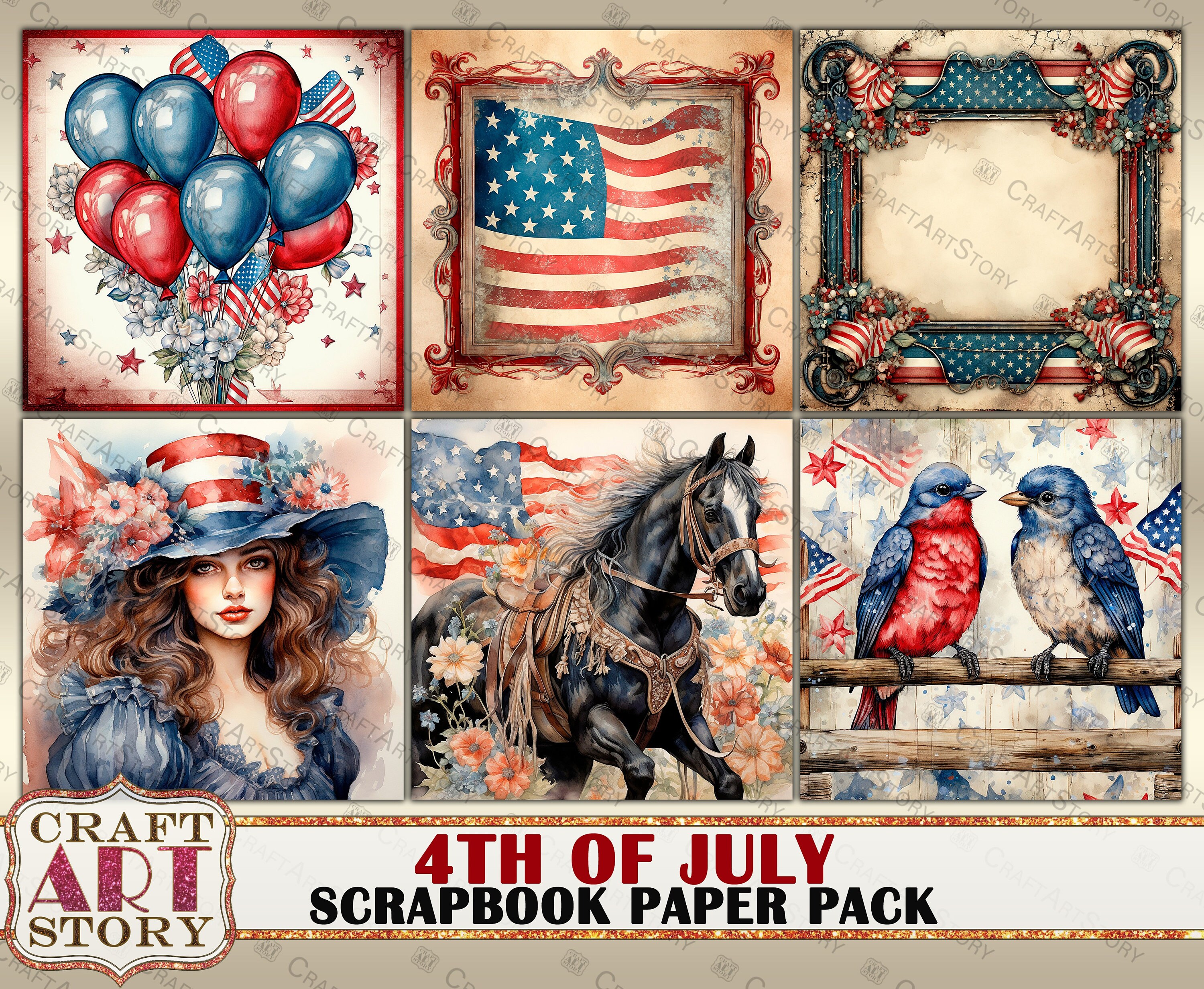 Vintage 4th of July Journal Scrapbook Paper Pack,8x8 DIGITAL Papers ...