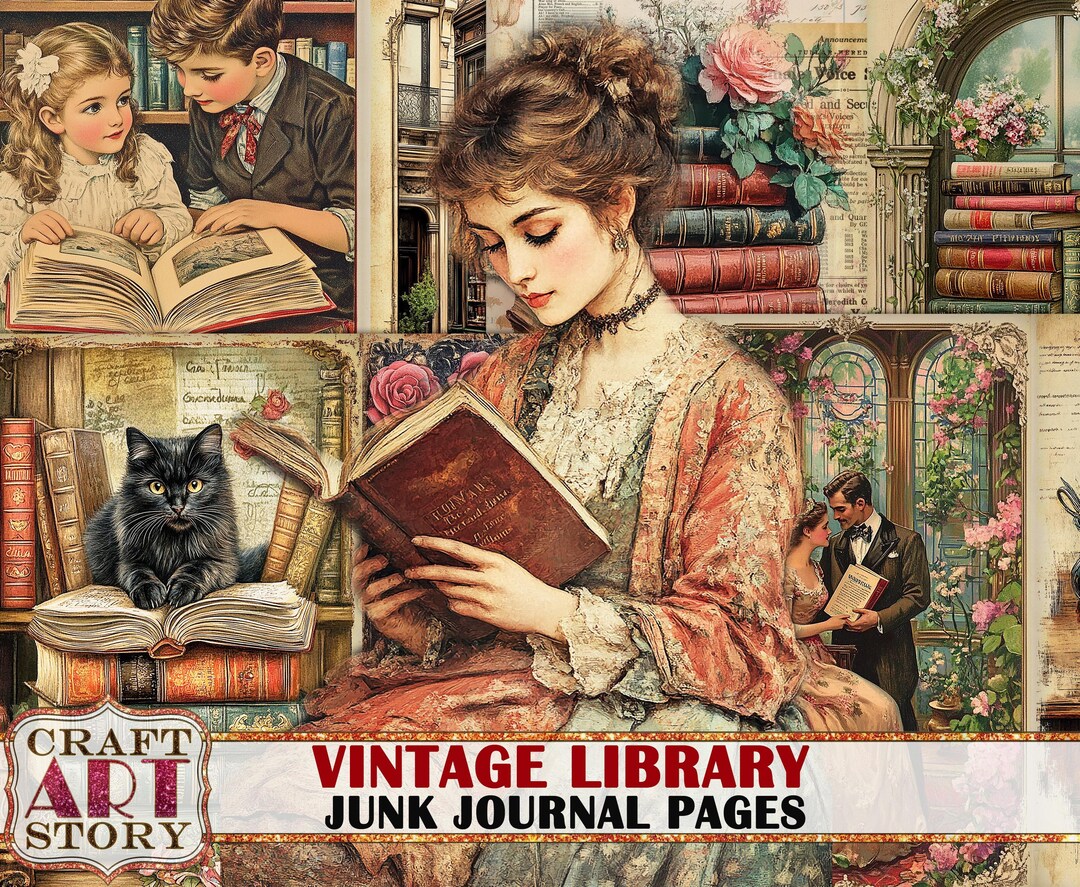 Vintage Library Junk Journal Pages, Old Book, Scrapbook Printables ...