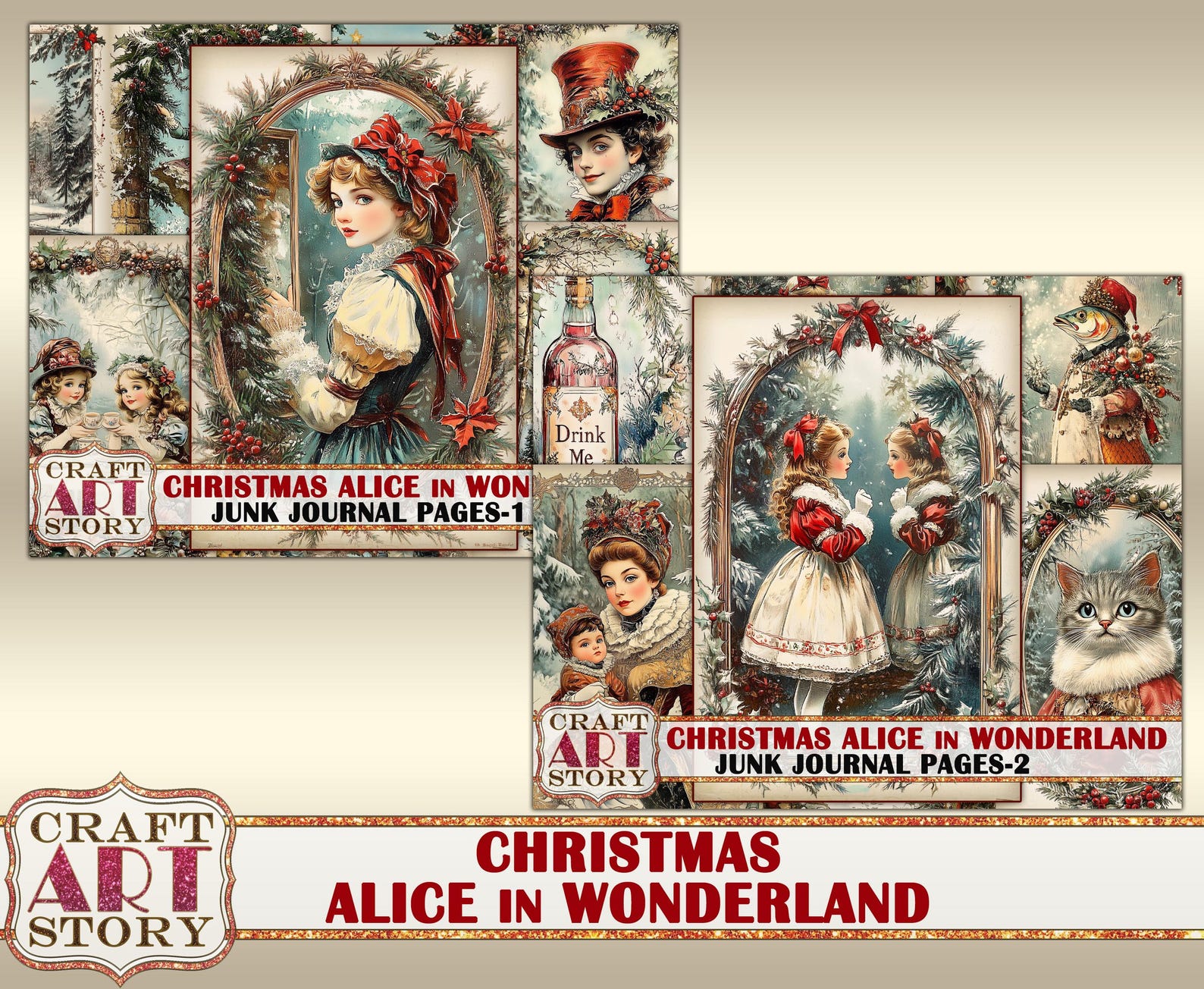 Christmas Alice Wonderland Junk Journal Pages,scrapbook Printables ...