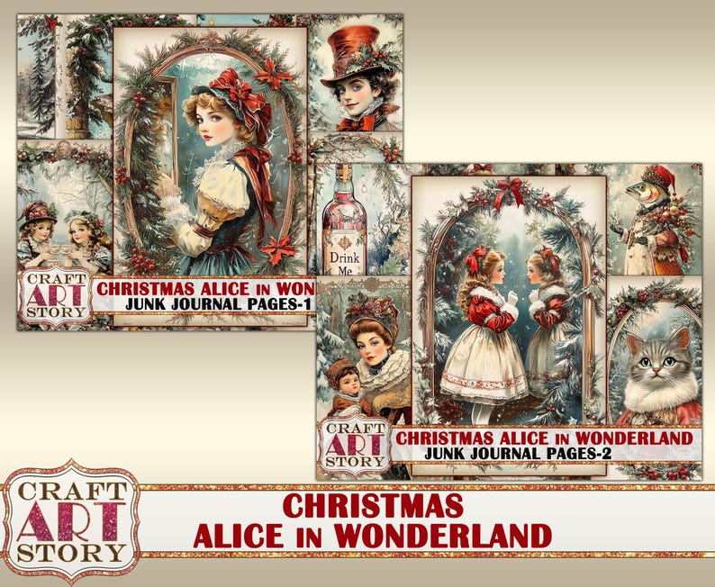 Christmas Alice Wonderland Junk Journal Pages,scrapbook Printables ...