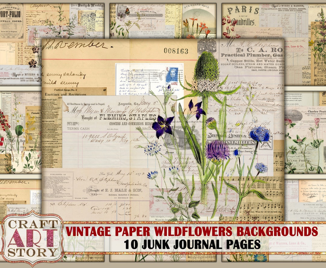 Vintage Old Paper Wildflowers Backgrounds Kit,decorative Junk Journal ...
