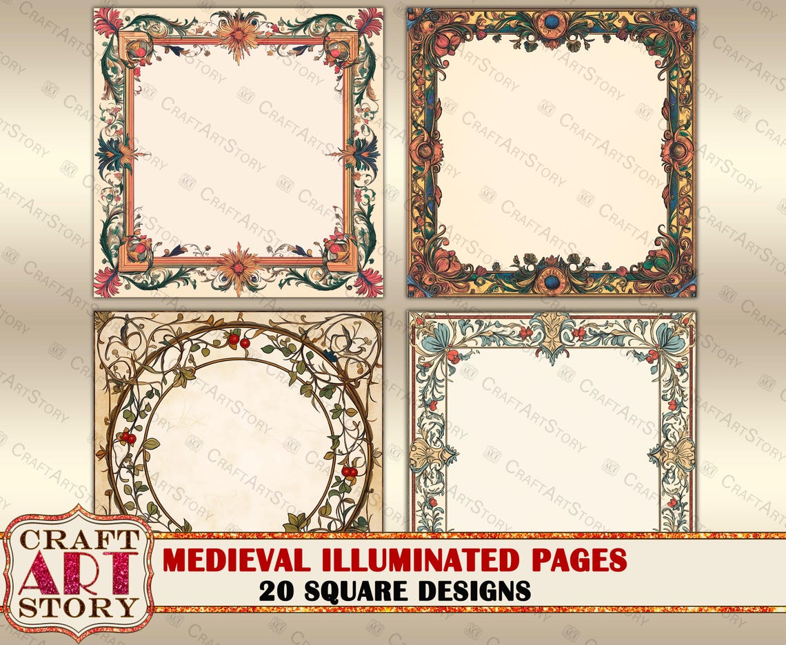 Medieval Illuminated Manuscript 20 Square Designs: Floral Border Pages ...