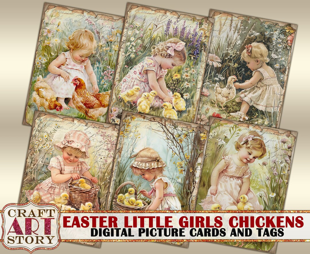 Easter Little Girls Chickens Collage Digital Picture Printable Cards - Etsy