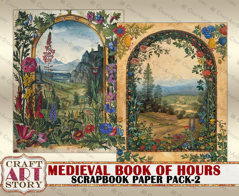 Vintage Medieval Illuminated Manuscript Book of Hours Journal Pages-2 ...