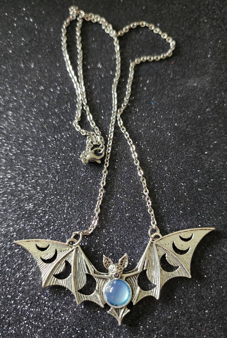 Moon Phase Bat Necklace Blue Moon Silver Gothic Jewelry Lunar Unique ...