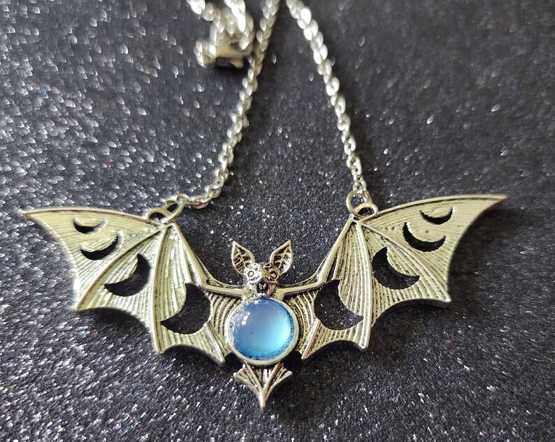 Moon Phase Bat Necklace Blue Moon Silver Gothic Jewelry Lunar Unique ...