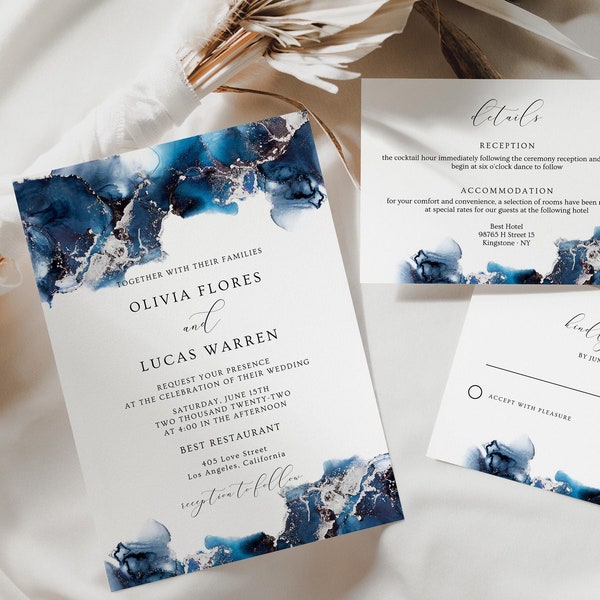 Navy Blue and Silver Wedding Invitations - Etsy