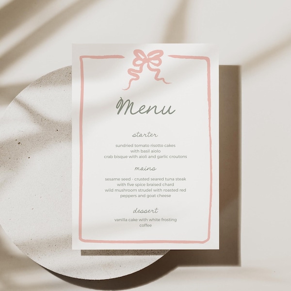 Wedding Menu Template Bow - Etsy