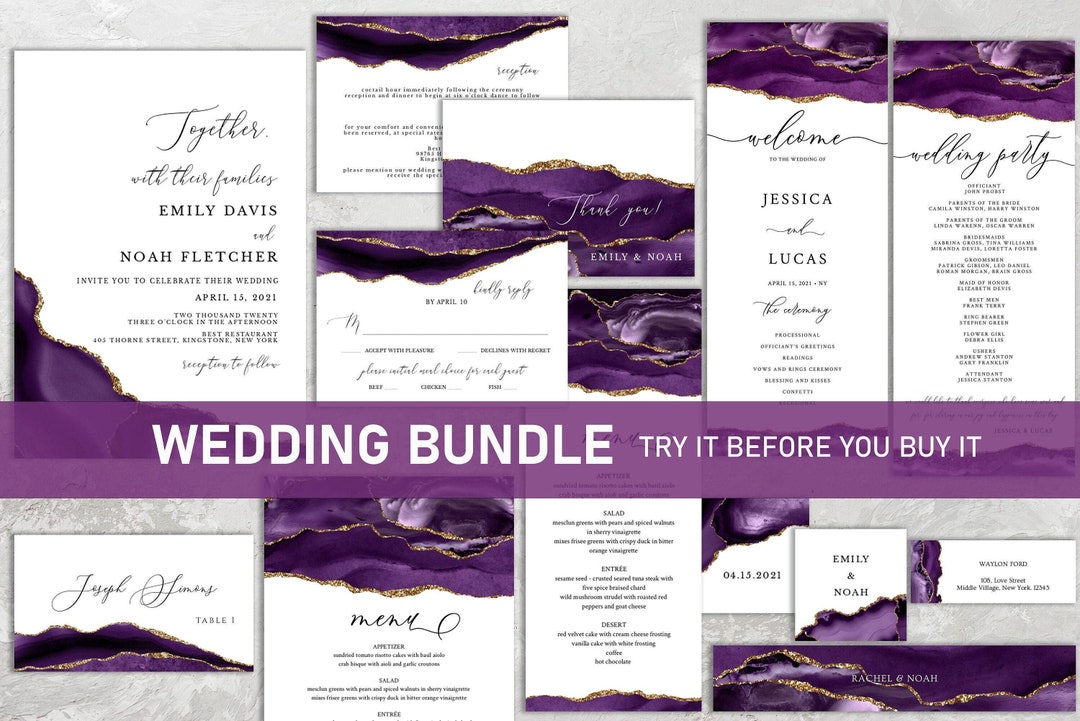 Purple and Gold Wedding Invitation Kits, Wedding Invitation Bundle ...
