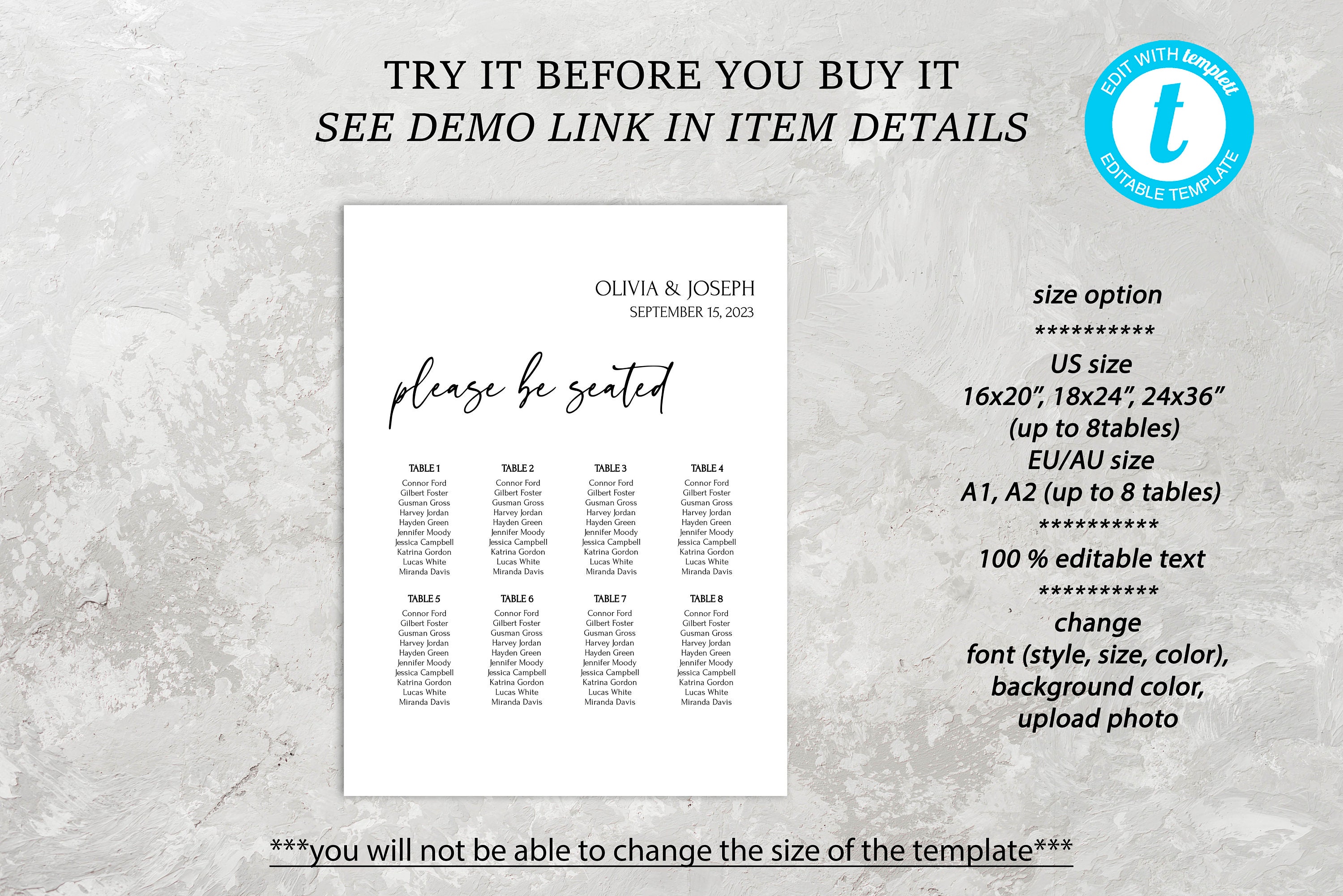 Wedding Seating Chart 8 Tables Seating Chart Template - Etsy