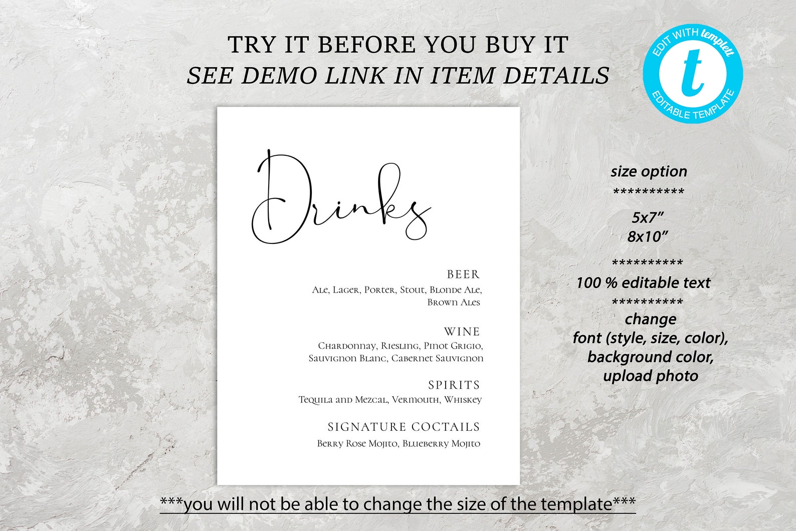 Modern Wedding Bar Menu Minimalist Bar Menu Wedding Sign - Etsy