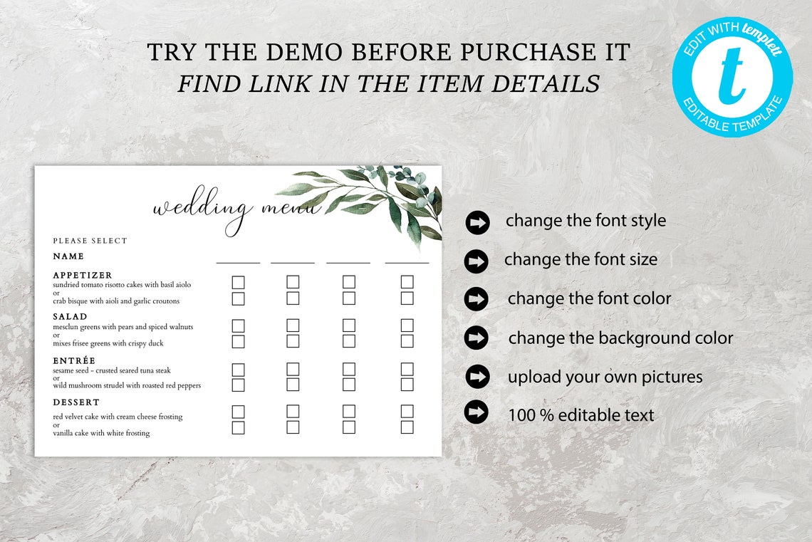 Wedding Menu Selection Card Menu Choice Card Wedding Menu - Etsy