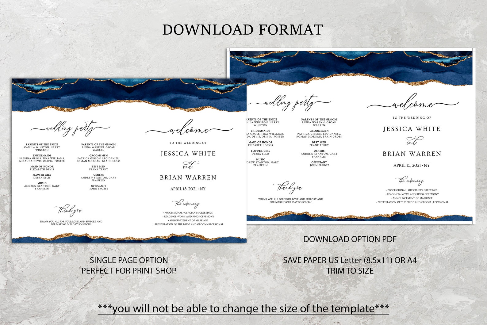 Blue and Gold Fan Programs for Wedding Fan Program Template - Etsy