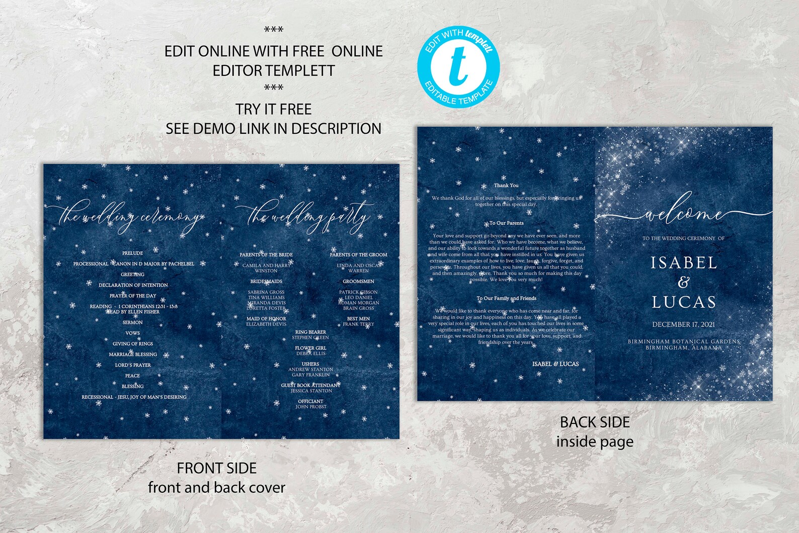 Winter Wedding Program Bifold Program Template Blue Wedding | Etsy