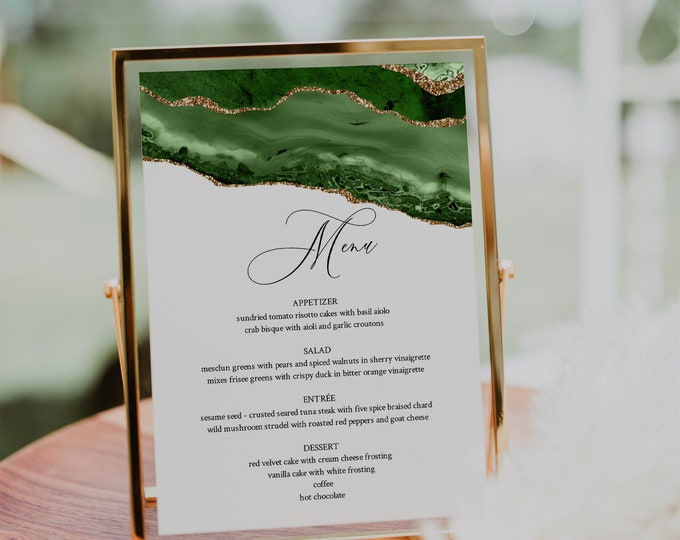 Editable Emerald Green and Gold Menu Card Template, Printable Green ...