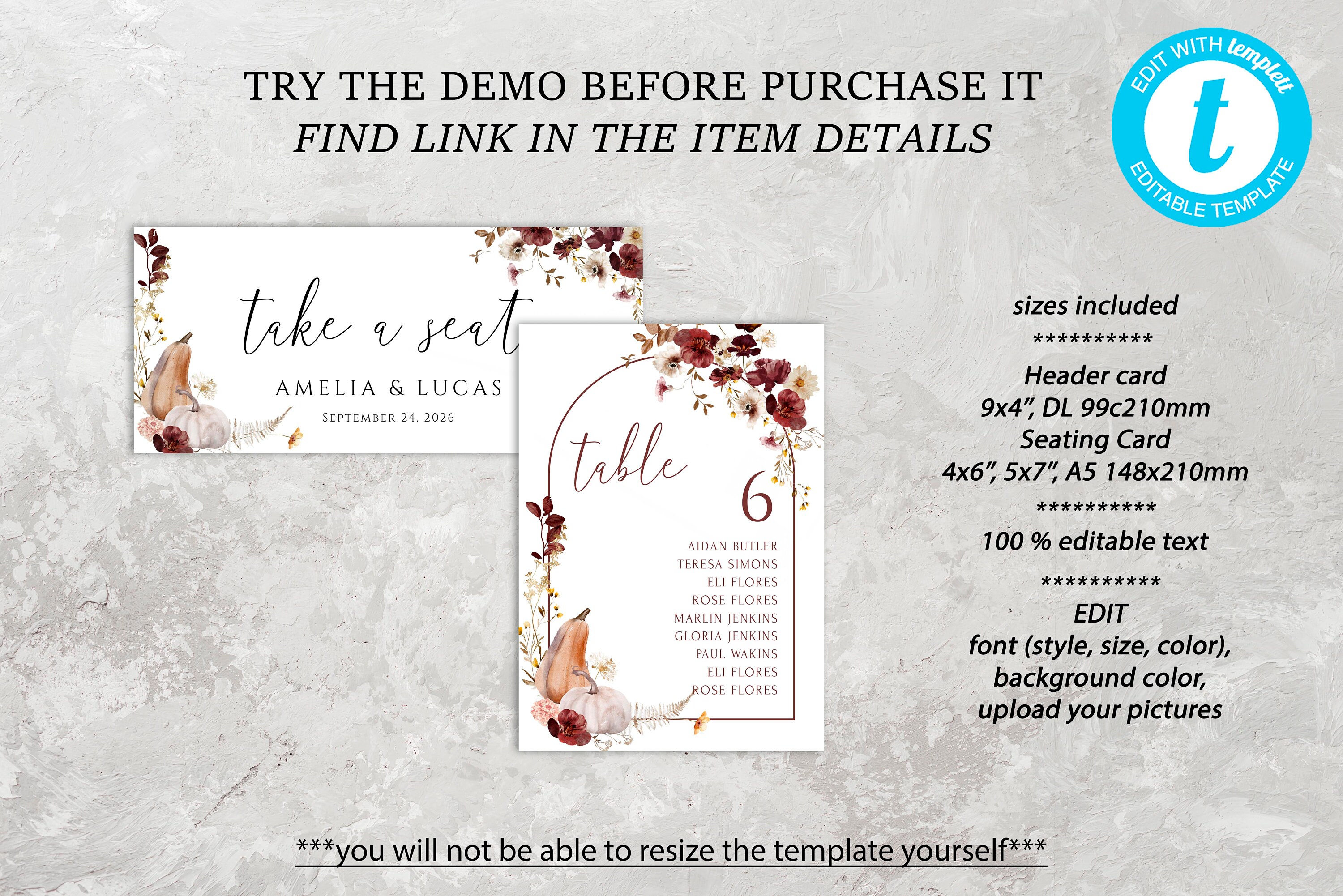 Fall Seating Chart Card Template Terracotta Wedding Table - Etsy