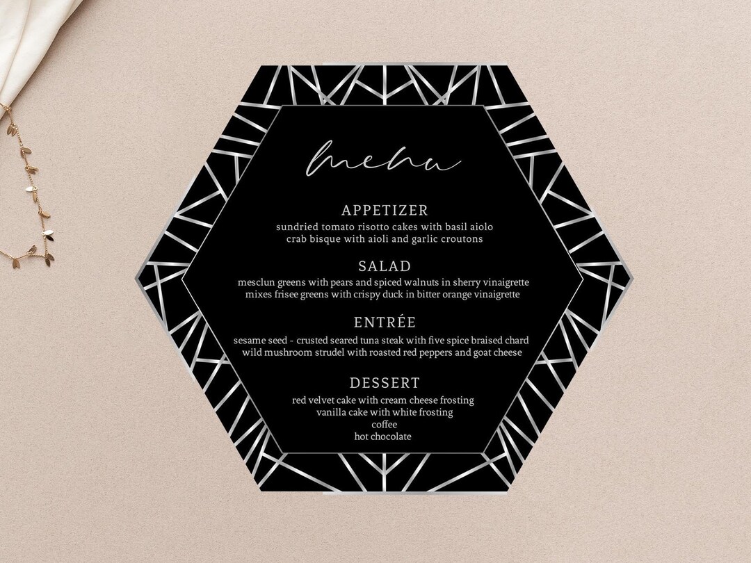 Hexagon Wedding Menu Template Menu Card Black and Silver - Etsy
