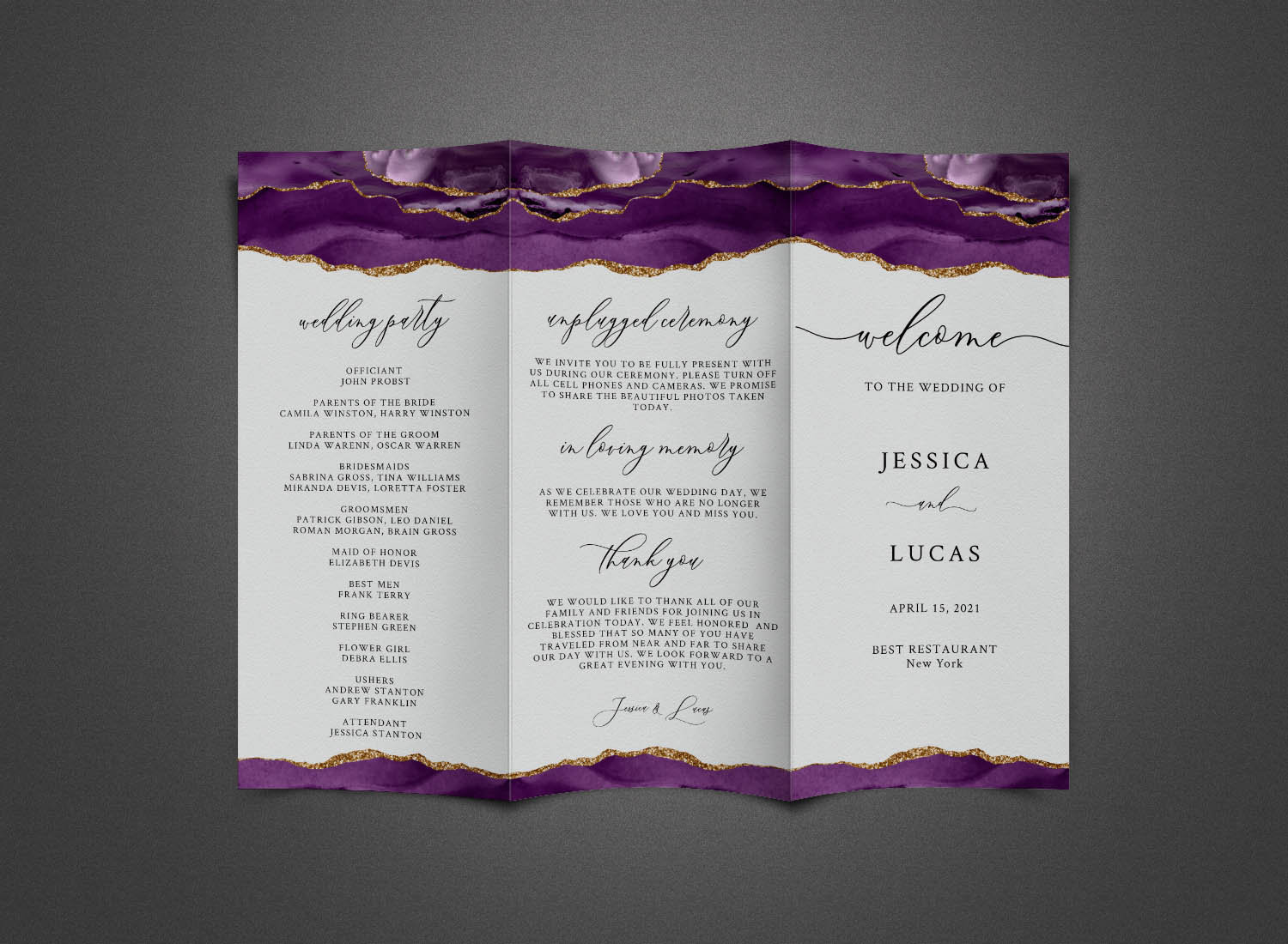 Purple and Gold Trifold Wedding Program Ceremony Program | Etsy