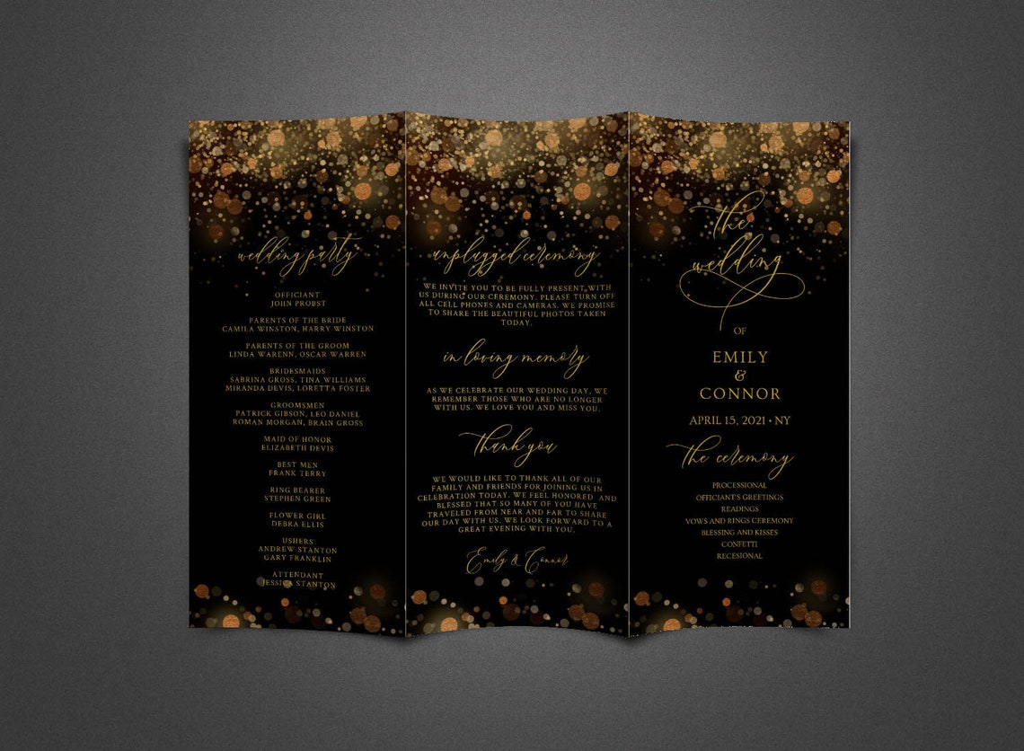 Trifold Wedding Program Template, Ceremony Program Black and Gold ...