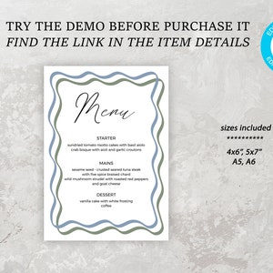 Wavy Menu Template, Wave Menu Card, Wedding Menu Any Colors, Wedding ...