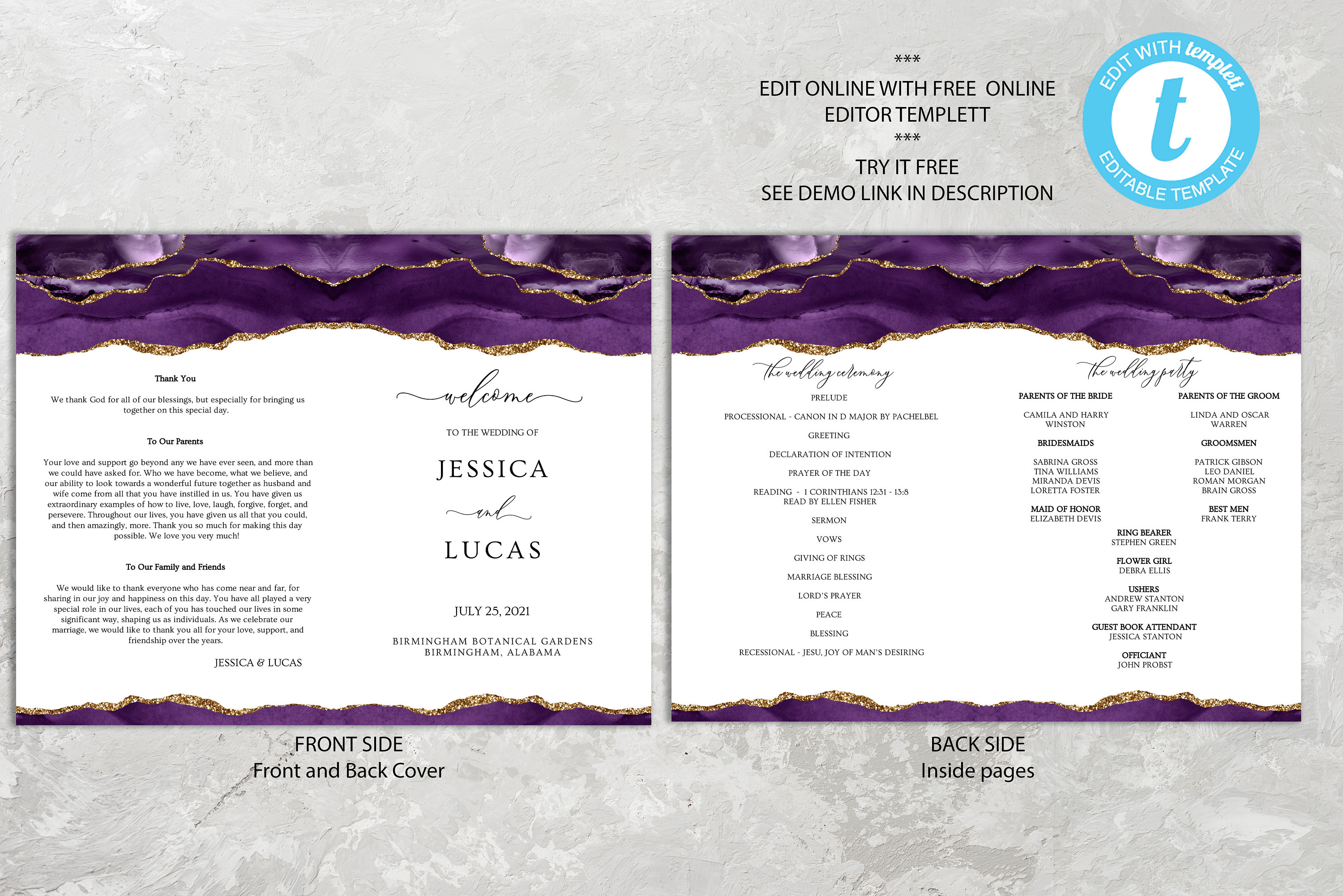 Purple and Gold Folded Wedding Program Template Wedding | Etsy