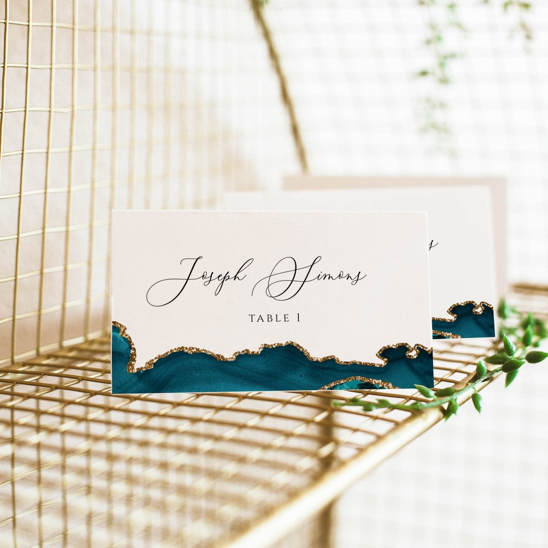 Wedding Place Card Teal and Gold, Name Card Template, Table Place Card ...