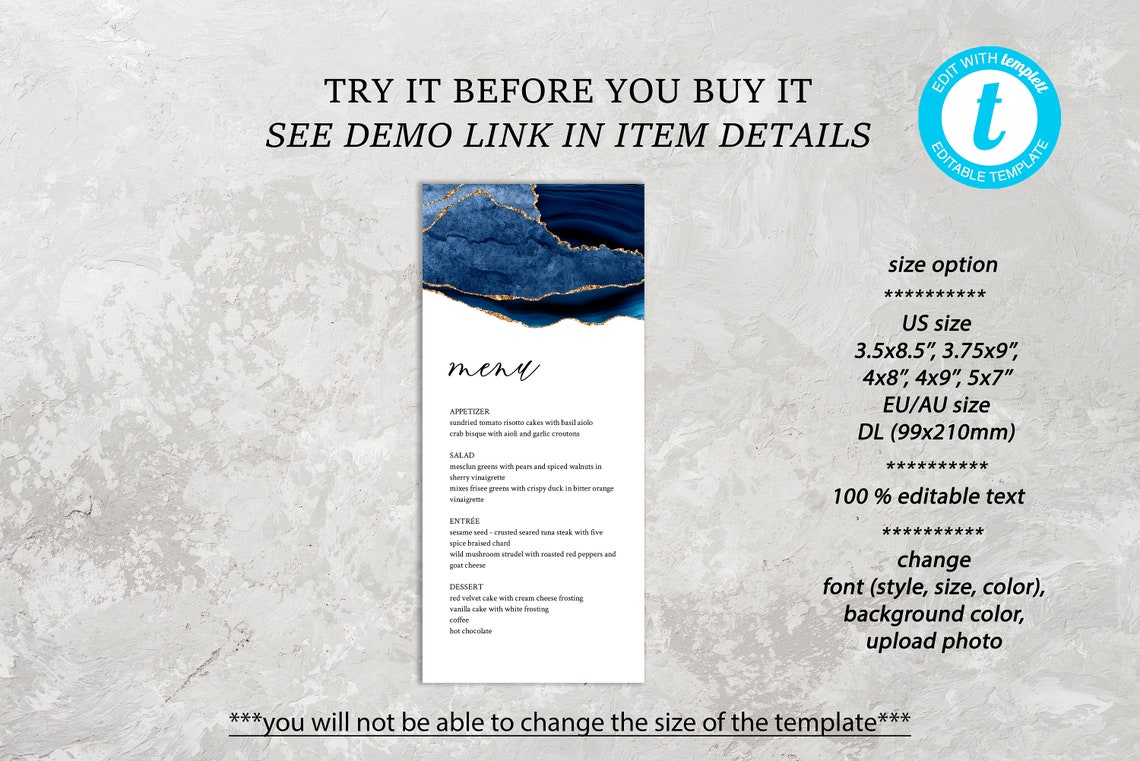 Wedding Menu Card Template DIY Menu Card Dinner Menu Card - Etsy