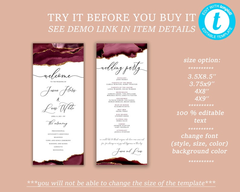 Burgundy Wedding Program Template Customize Wedding Program - Etsy