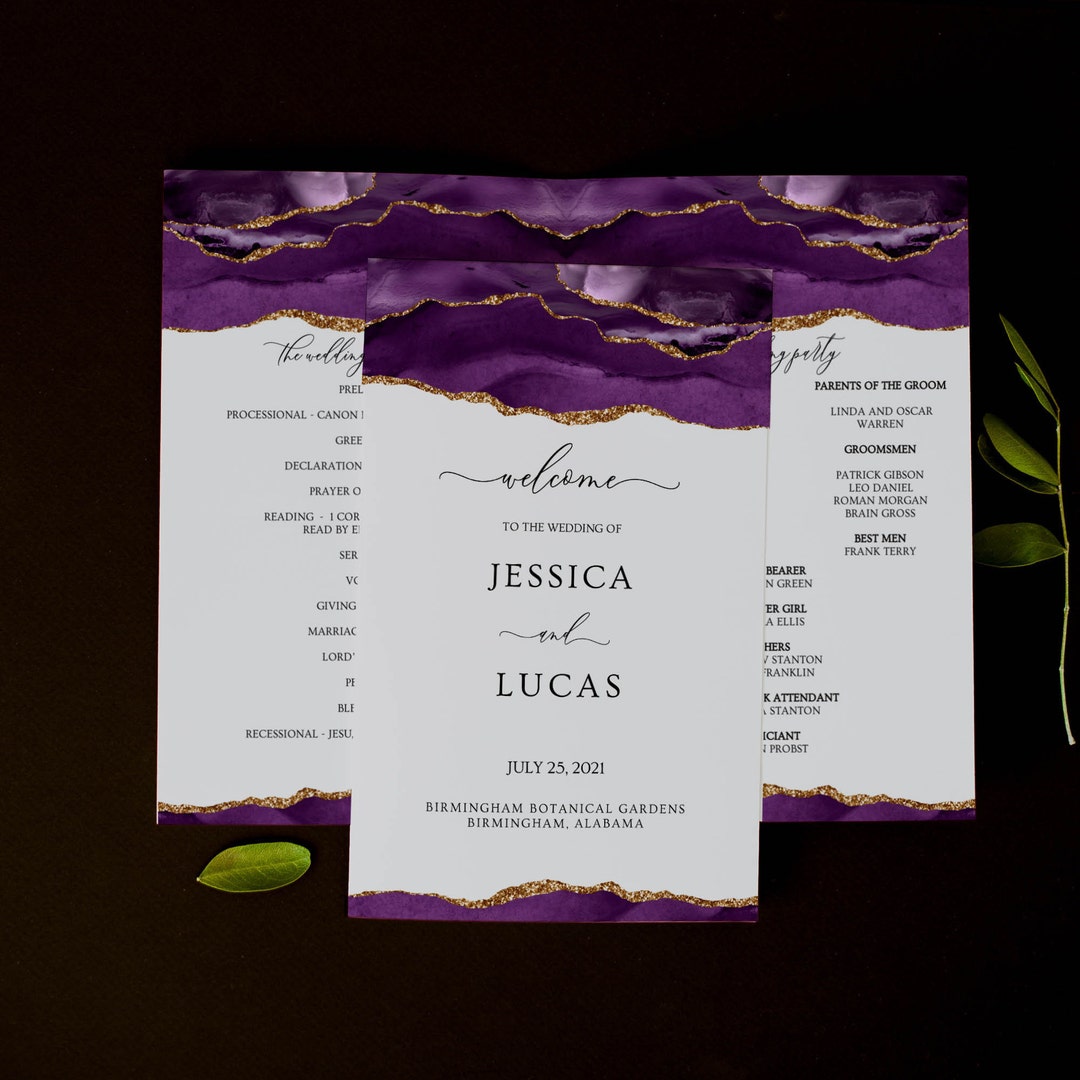 Purple and Gold Folded Wedding Program Template, Wedding Ceremony ...