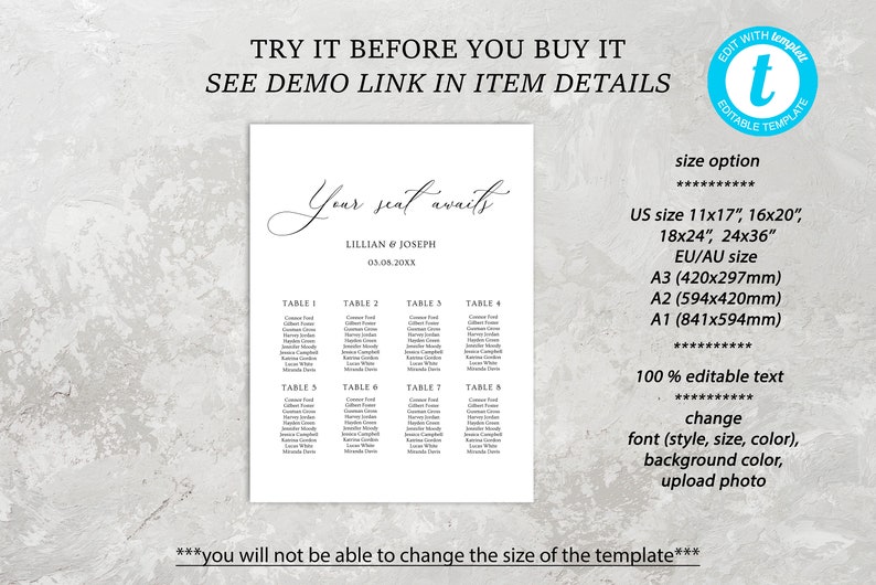 Wedding Seating Chart Template for 8 Tables Wedding Seating - Etsy