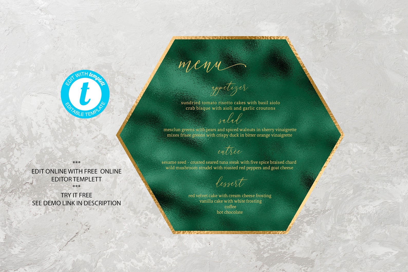Hexagon Menu Card Template Menu Card Green Emerald and Gold | Etsy