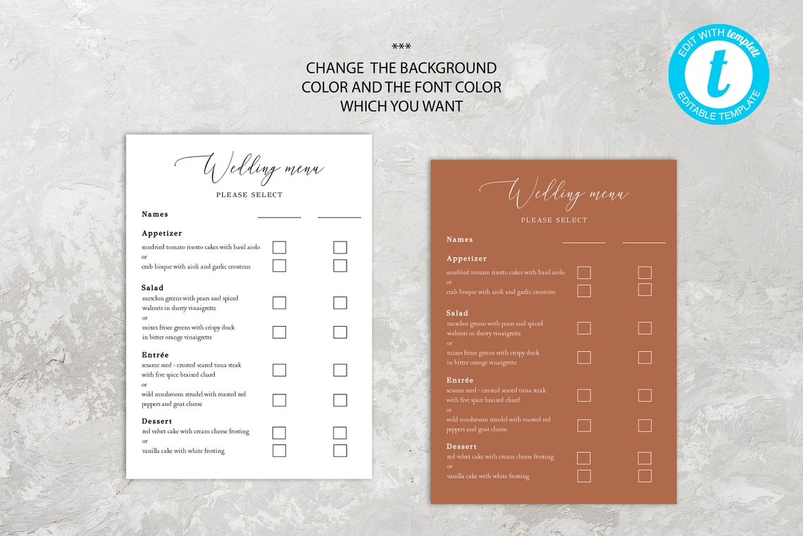 Wedding Menu Selection Card, Menu Choice Card, Wedding Menu Card ...