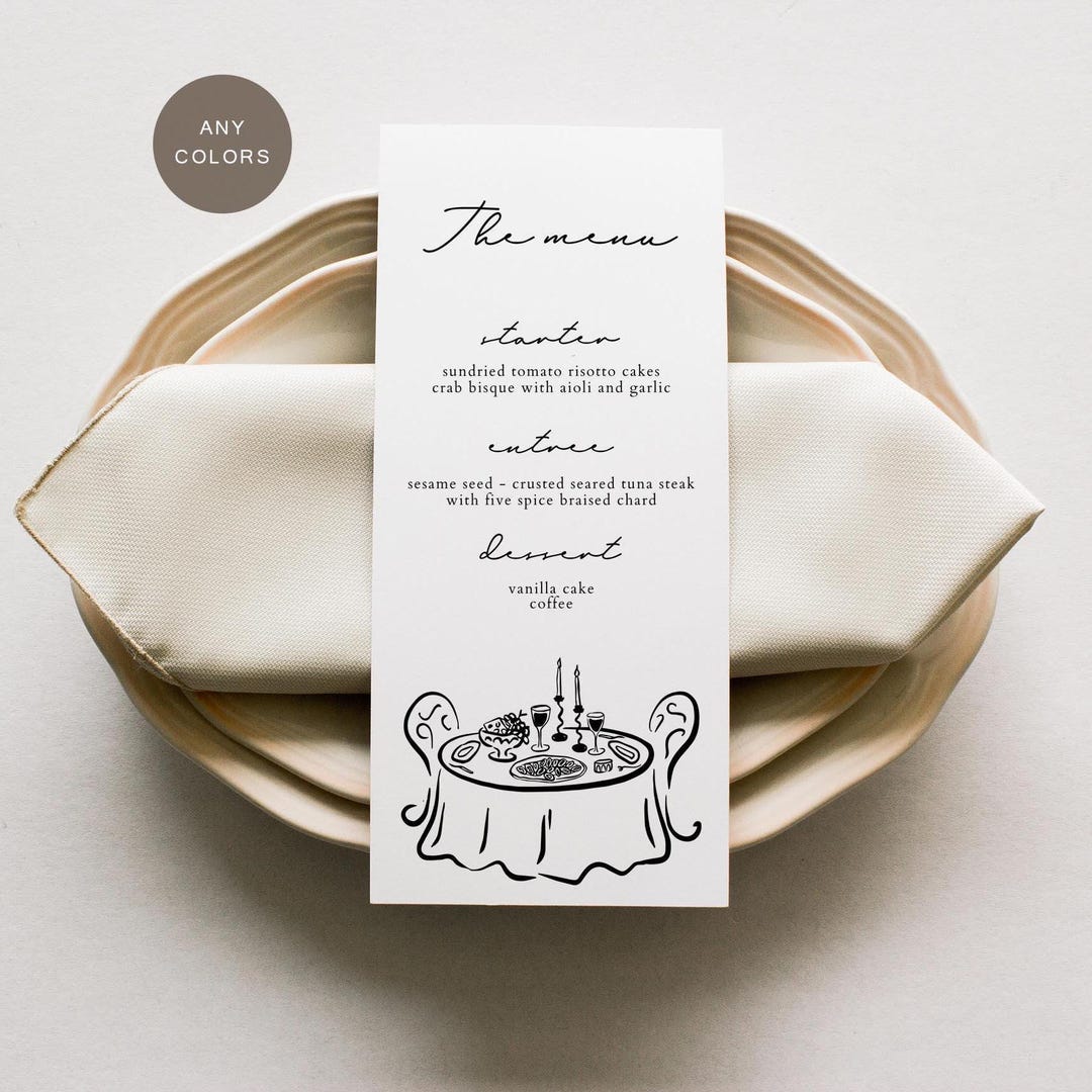 French Style Wedding Menu: Whimsical Handwritten Dinner Card (digital ...