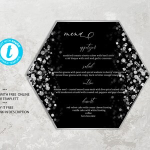 Geometric Wedding Menu Card Template, Black and Silver Menu Card ...