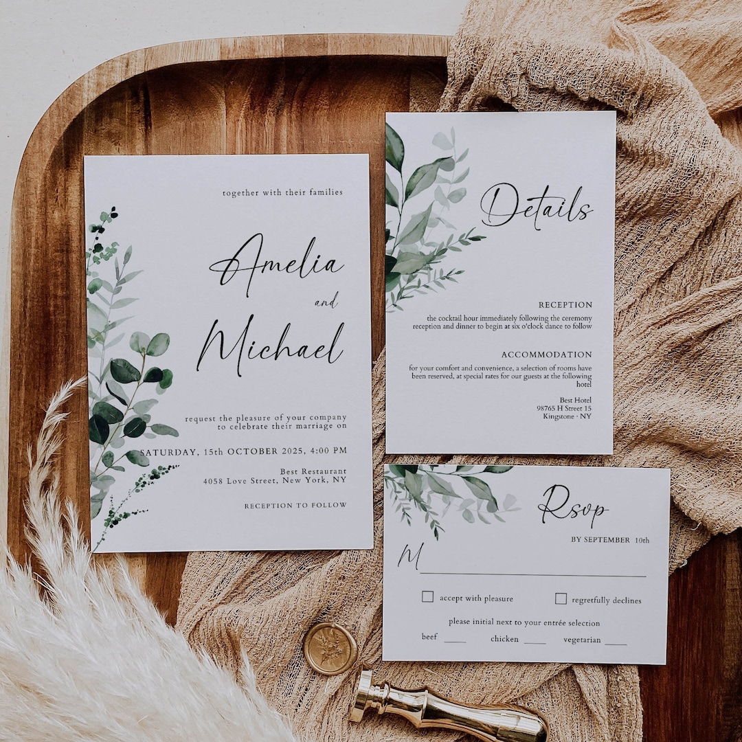 Botanical Wedding Invitation, Greenery Wedding Invitation Set, Wedding ...