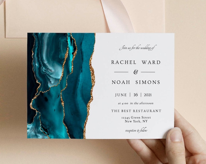 Wedding Invitation Turquoise Set Template, Teal and Gold Agate, Wedding ...