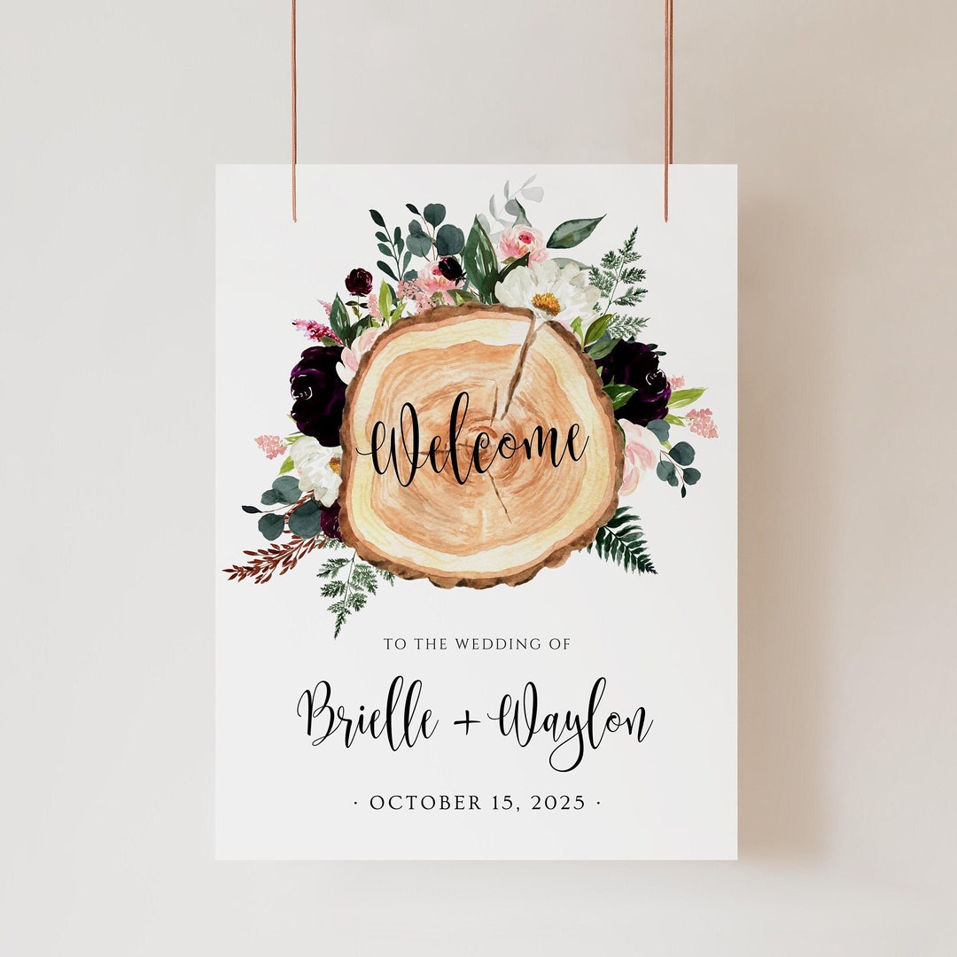 Rustic Wood Slice Welcome Wedding Sign: Burgundy Floral (digital ...