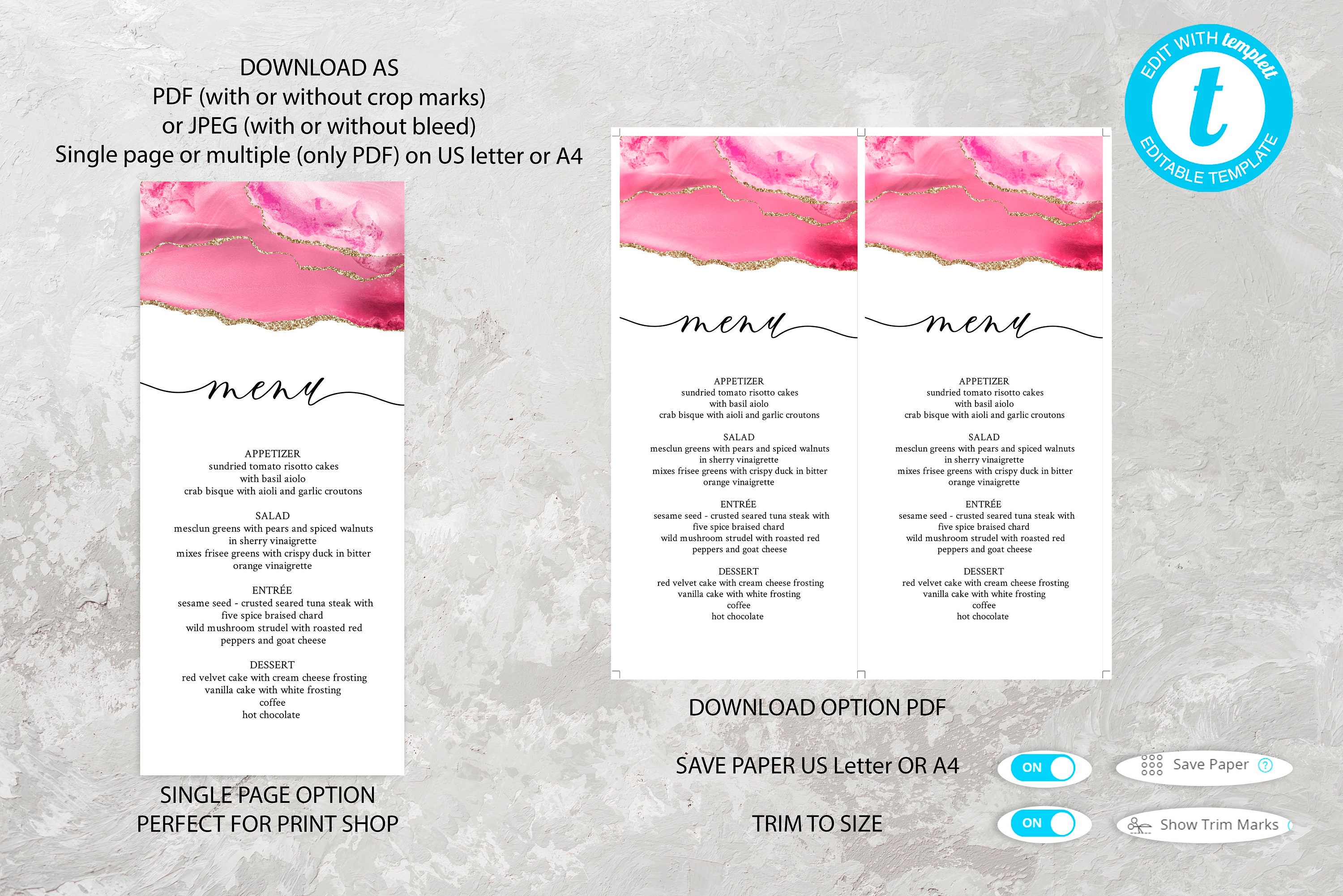 Pink Wedding Menu Card Template Menu Card Fuchsia and Gold | Etsy