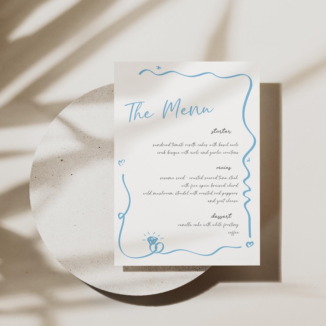Wedding Menu Template, Hand Drawn, Rehearsal Dinner Menu, Blue Wave ...