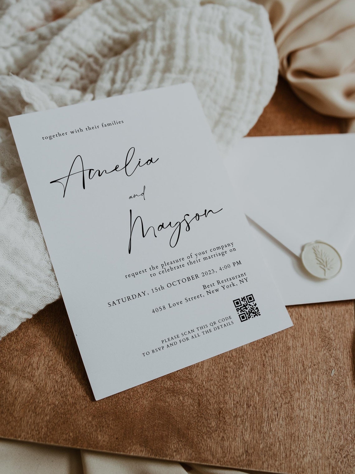 Printable Wedding Invitation With QR Code Modern Minimalist - Etsy