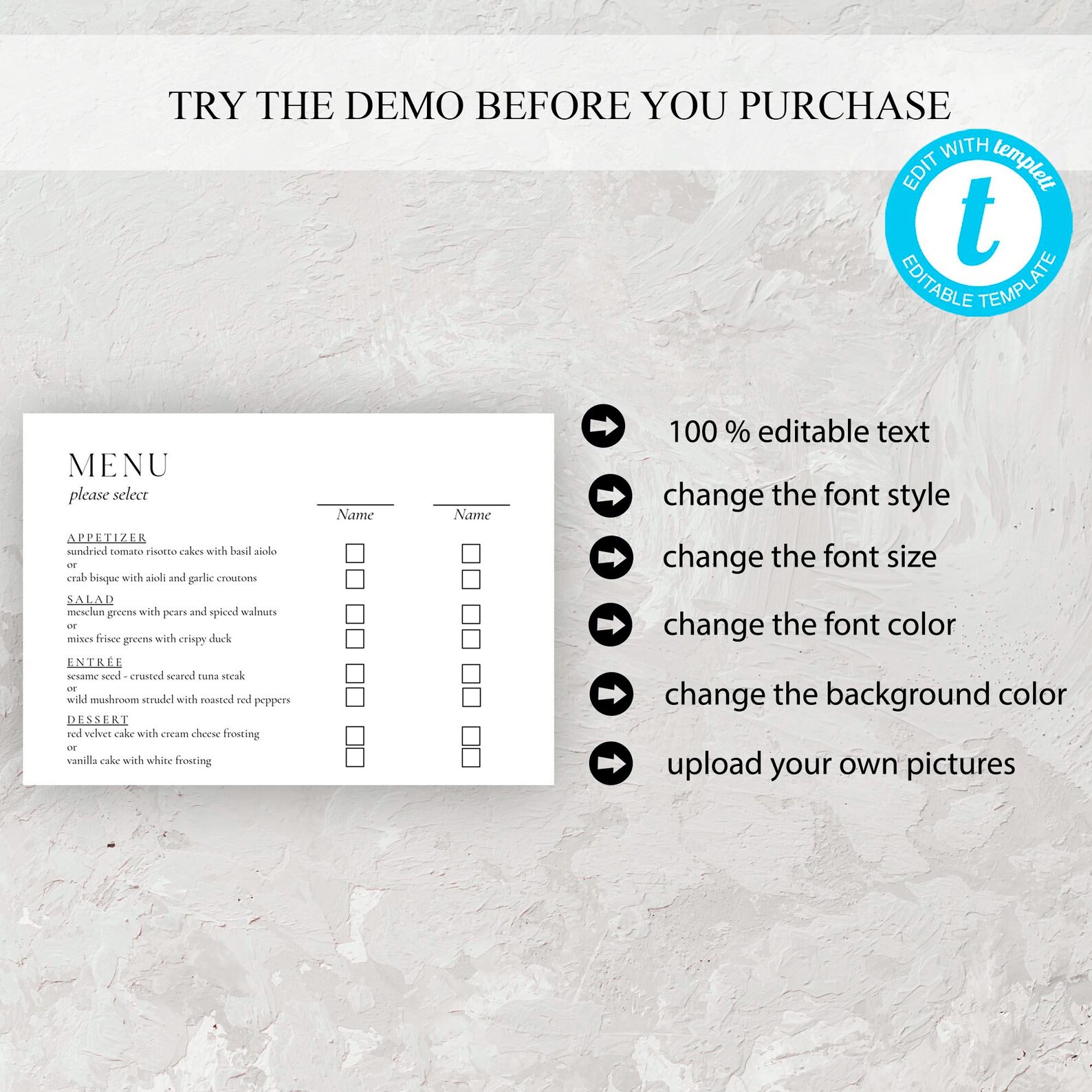 Wedding Menu Selection Card, Food Choice, Editable Template, Instant ...