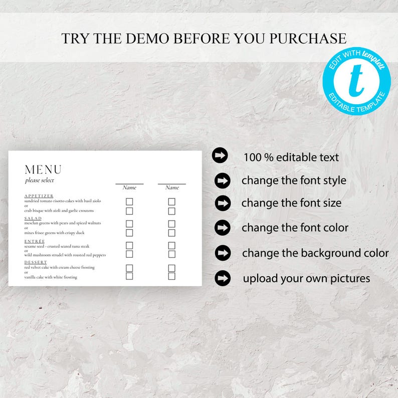 Wedding Menu Selection Card, Food Choice, Editable Template, Instant ...