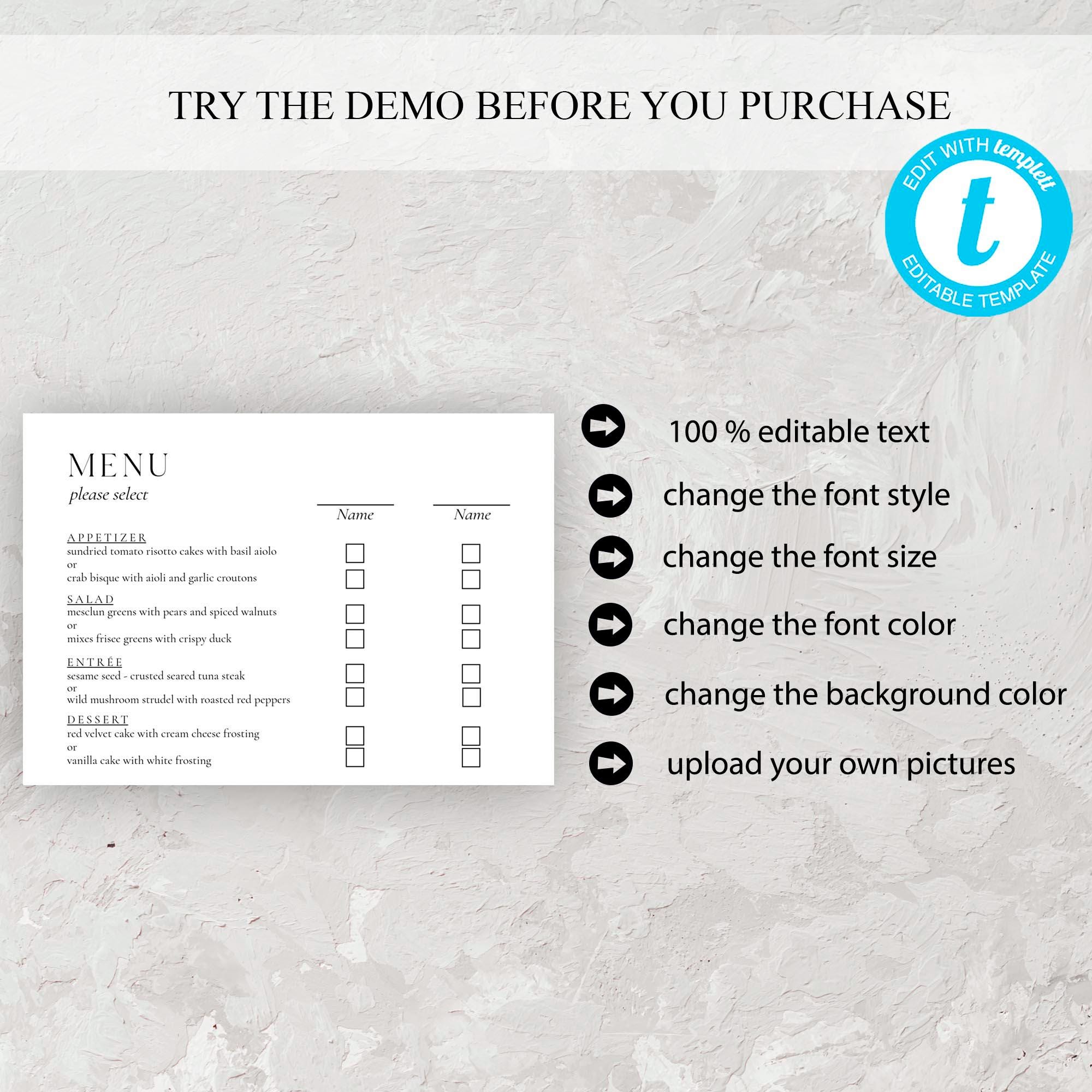 Wedding Menu Selection Card, Food Choice, Editable Template, Instant ...