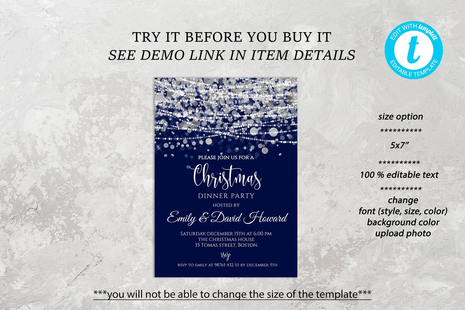 Silver Christmas Invitation, Blue and Silver Party Invitation Template ...
